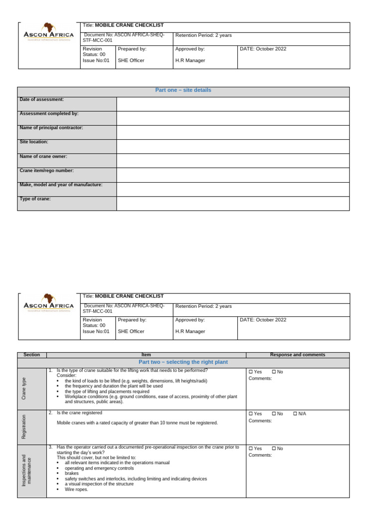 Mobile Crane Checklist | PDF | Crane (Machine) | Risk Assessment