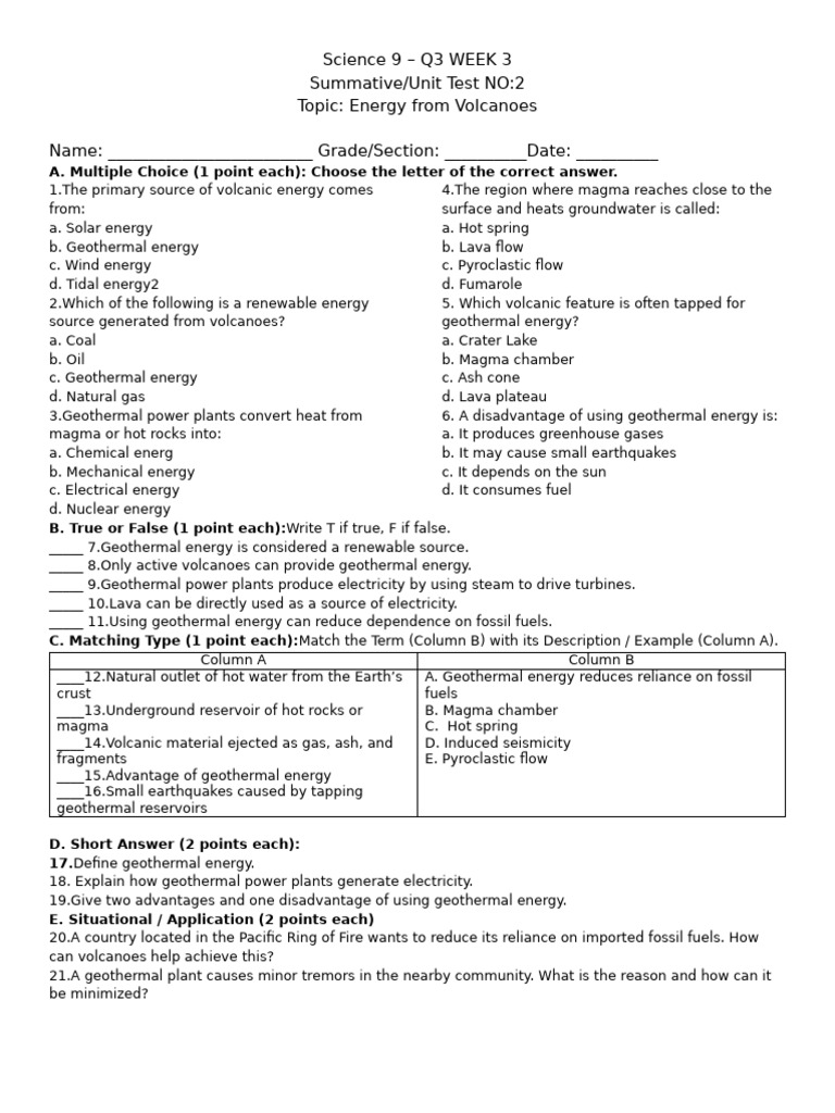 Science 9 SUMMATIVE TEST No. 2WEEK 3 TOPIC ENERGY FROM VOLCANOES | PDF ...