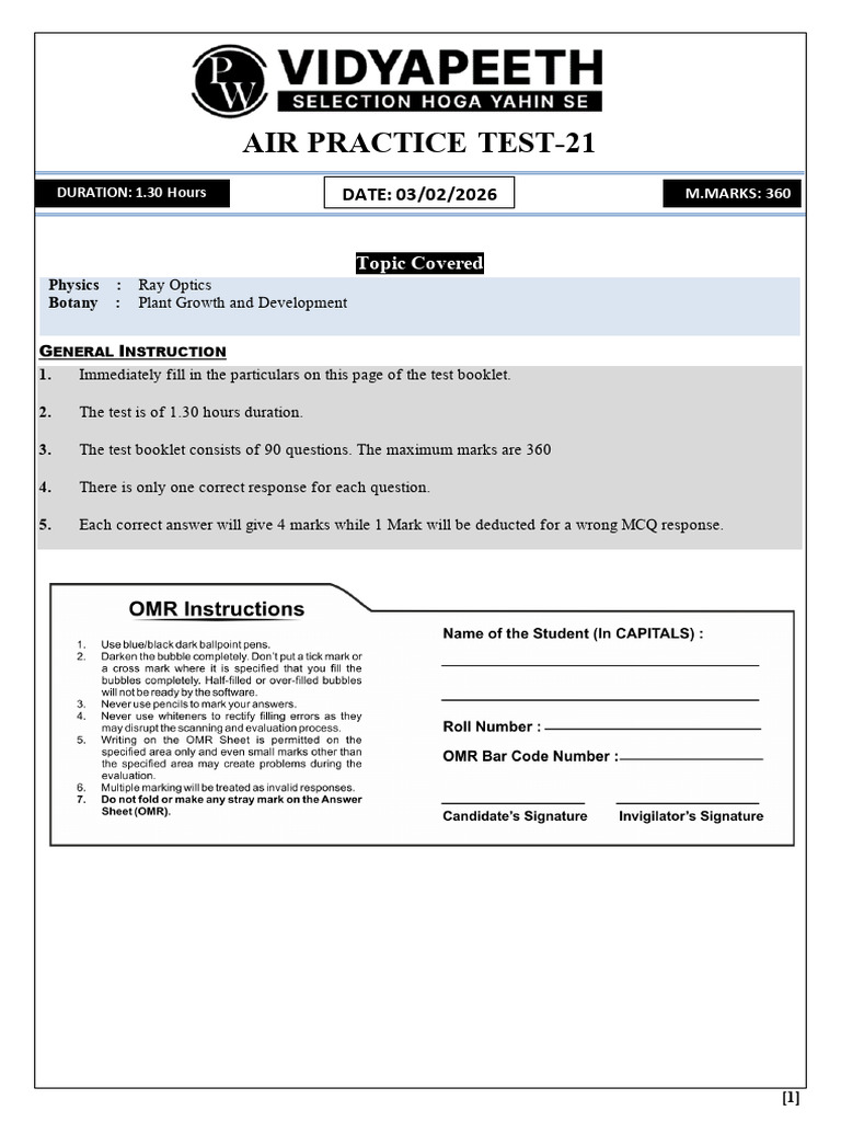 AIR_Practice Test-21_03-02-26 -Physics & Botany (Q) | PDF | Optics | Light