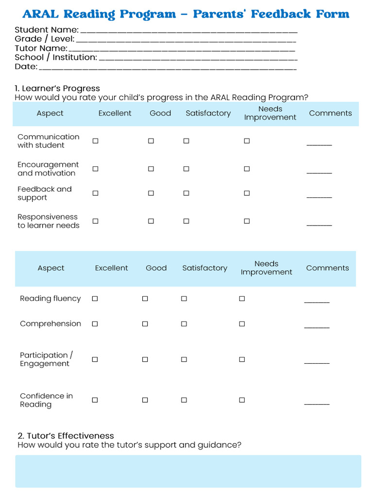 ARAL Program-Parents Feedback Form | PDF