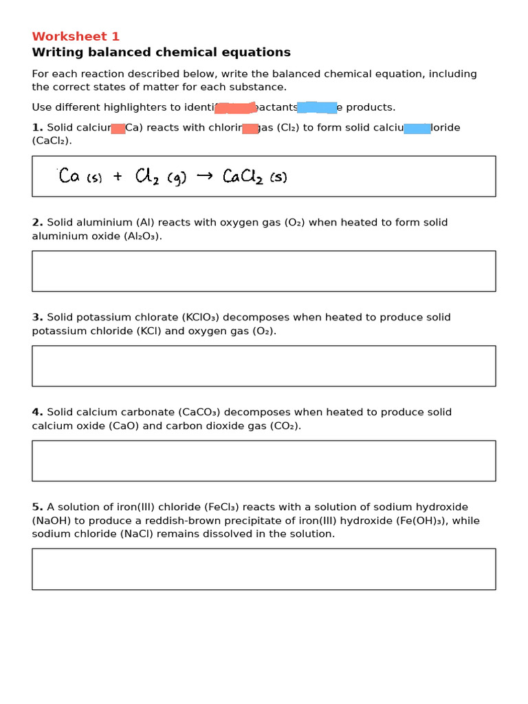 Worksheet 1 - Writing Balanced Chemical Equations | PDF