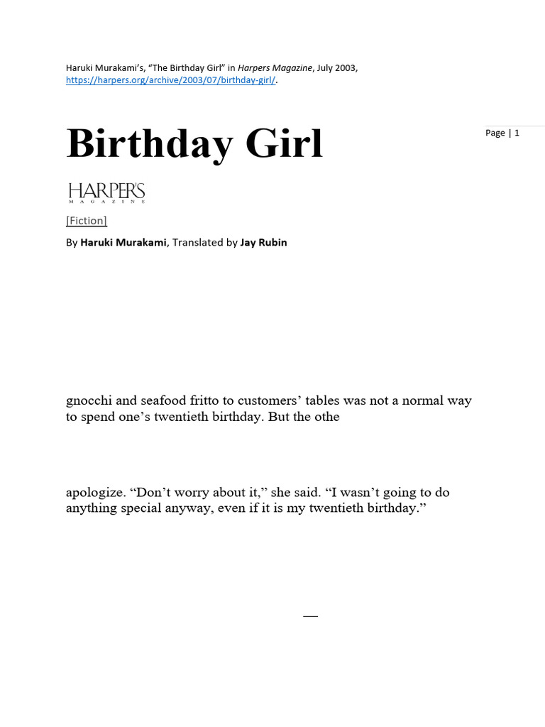 Murakami - Birthday Girl | PDF | Restaurants | Waiting Staff