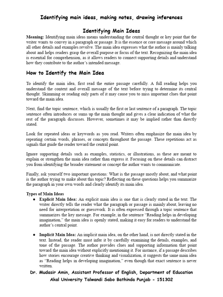 Identifying Main Ideas, Making Notes, Drawing Inferences | PDF ...