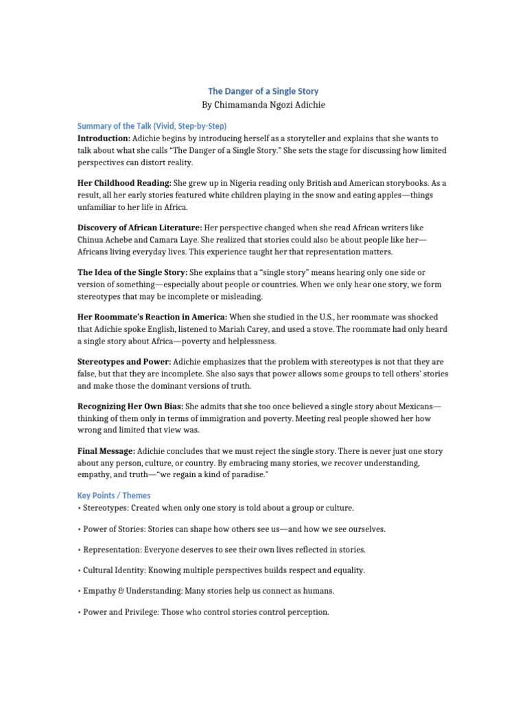 The Danger of a Single Story | PDF | Human Communication