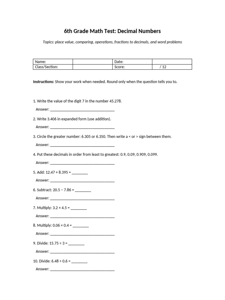 6th Grade Decimals Test 4123cca2 0d82 4b76 9e23 Aeae1038ca13 | PDF