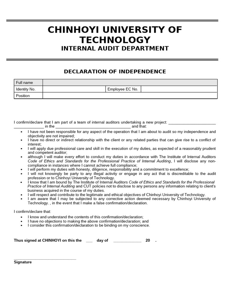 Auditor Declaration Form Template | PDF