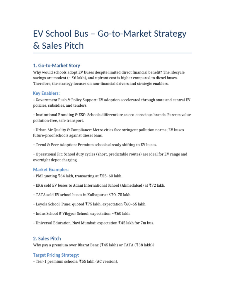 EV School Bus GTM and Sales Pitch | PDF