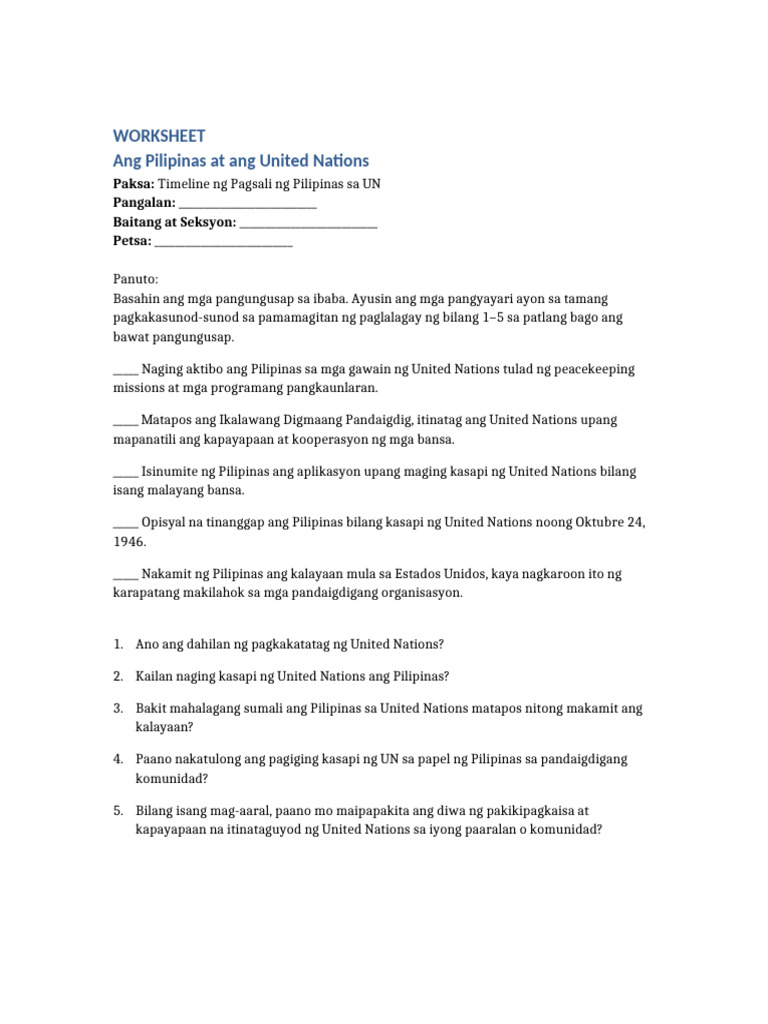 Worksheet Ang Pilipinas at Ang UN | PDF