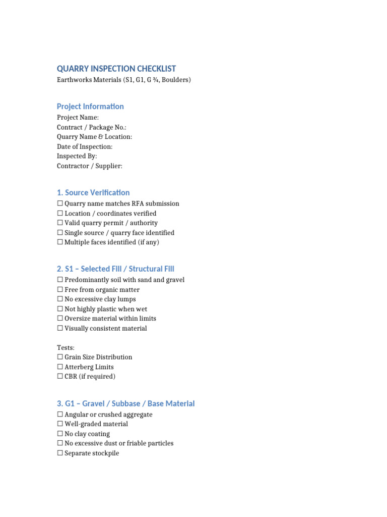 Quarry Inspection Checklist Earthworks RFA-2 | PDF