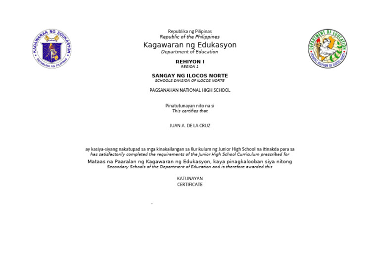 DepEd Certificate 2020 JHS | PDF