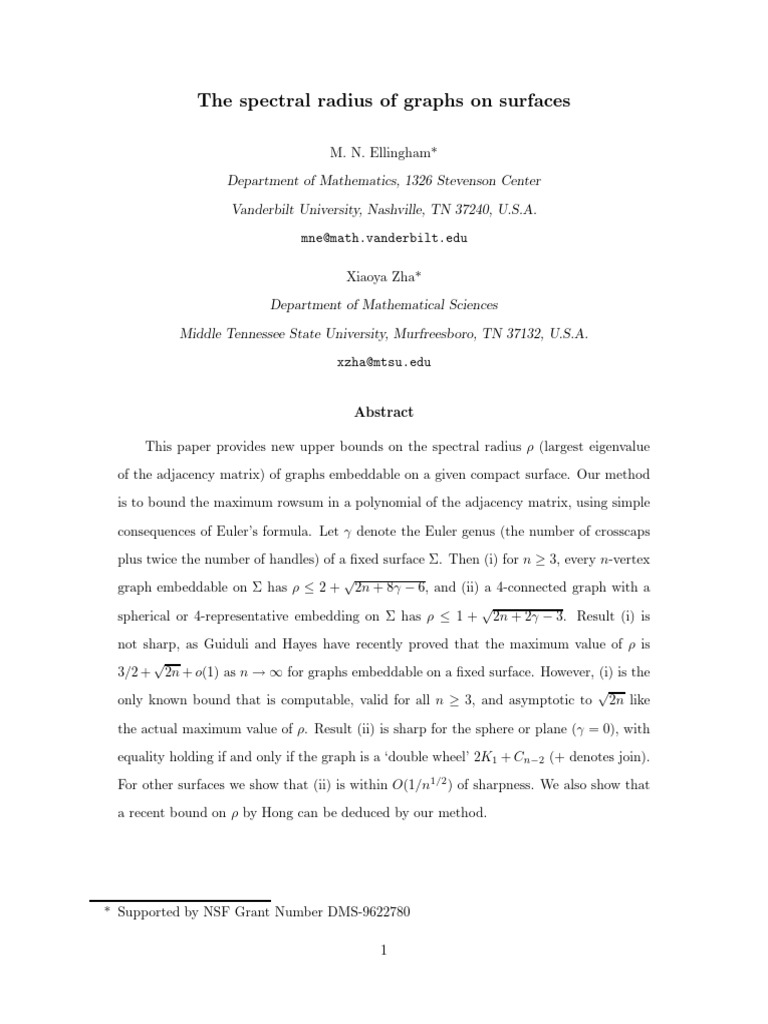 The Spectral Radius of Graphs on Surfaces Math Zin Mar | PDF ...