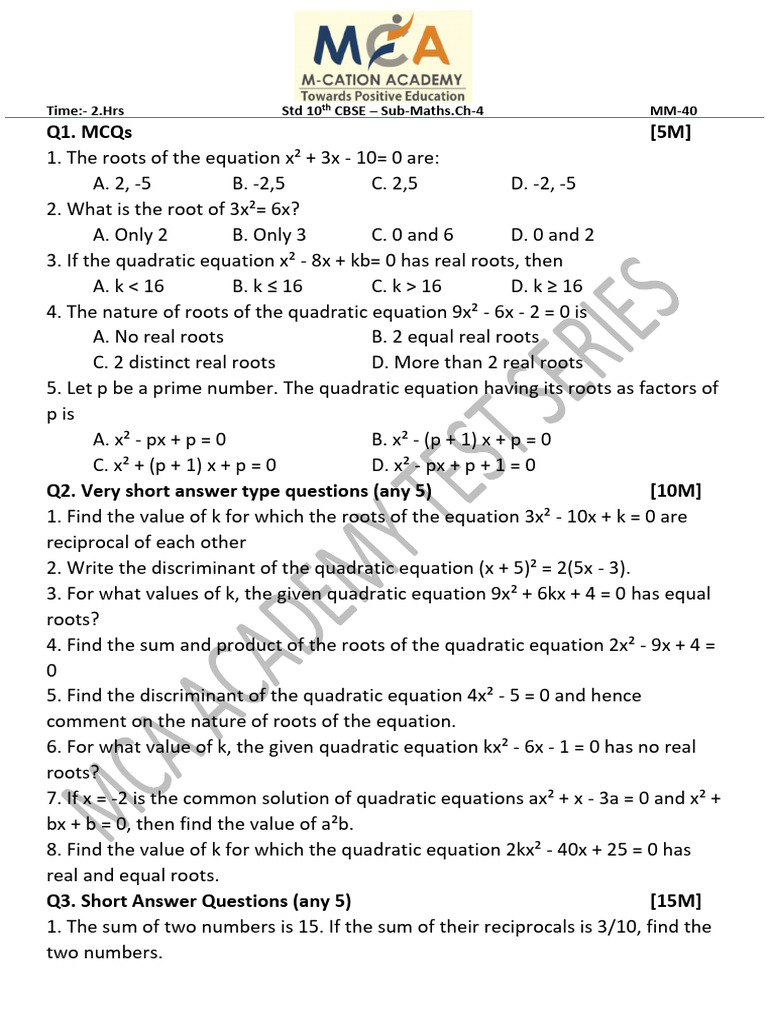 10th CBSE ts-3 Maths - Ch-4-Quadratic Equations | PDF | Speed ...