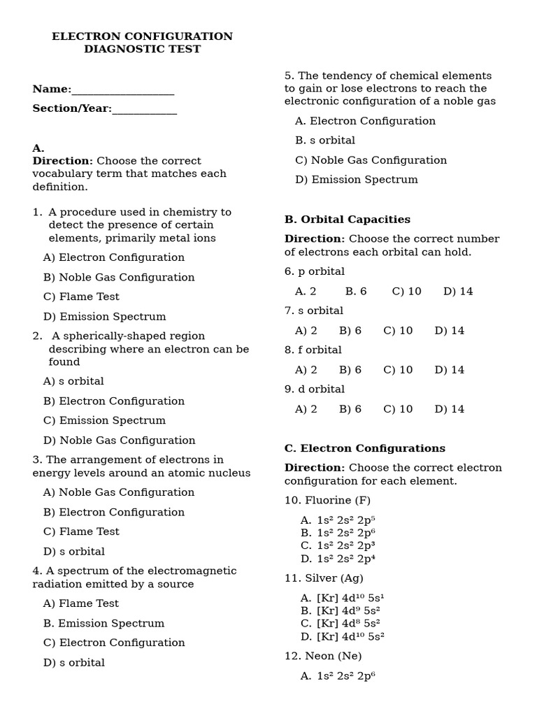Electron Configuration Diagnostic Test | PDF | Electron Configuration ...