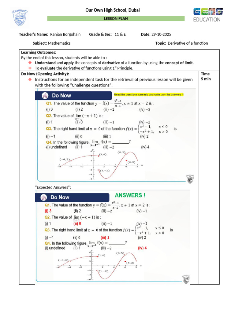 Lesson Plan - Grade 11 - (OLD) | PDF | Derivative | Lesson Plan