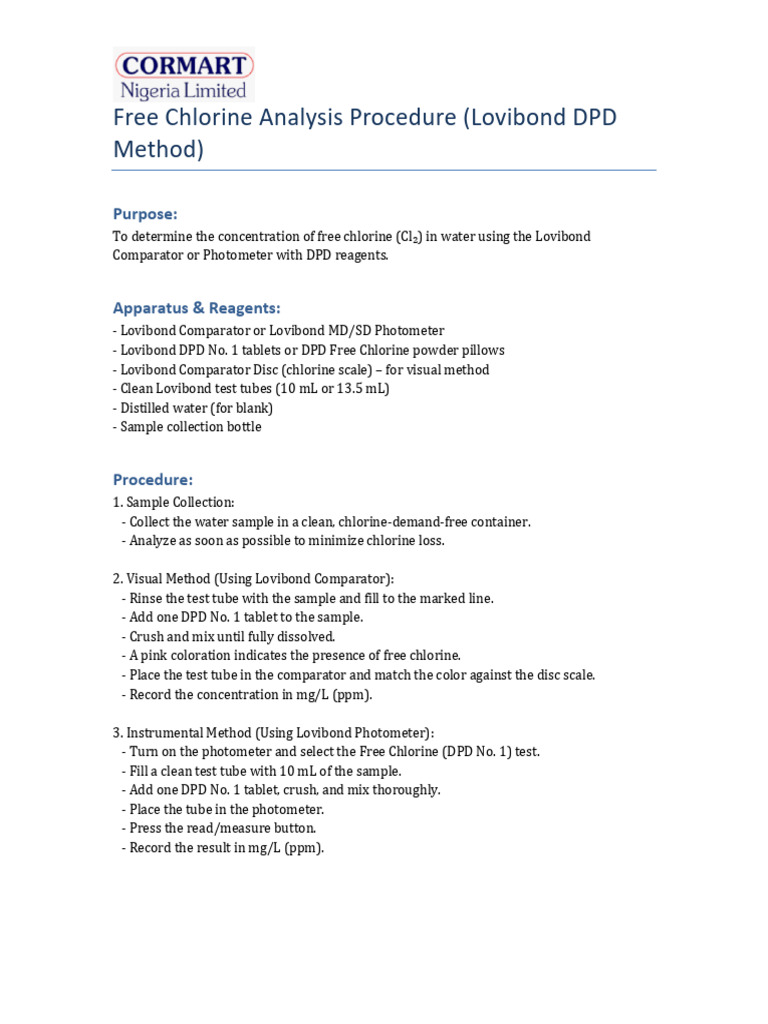 Free Chlorine Analysis Lovibond | PDF