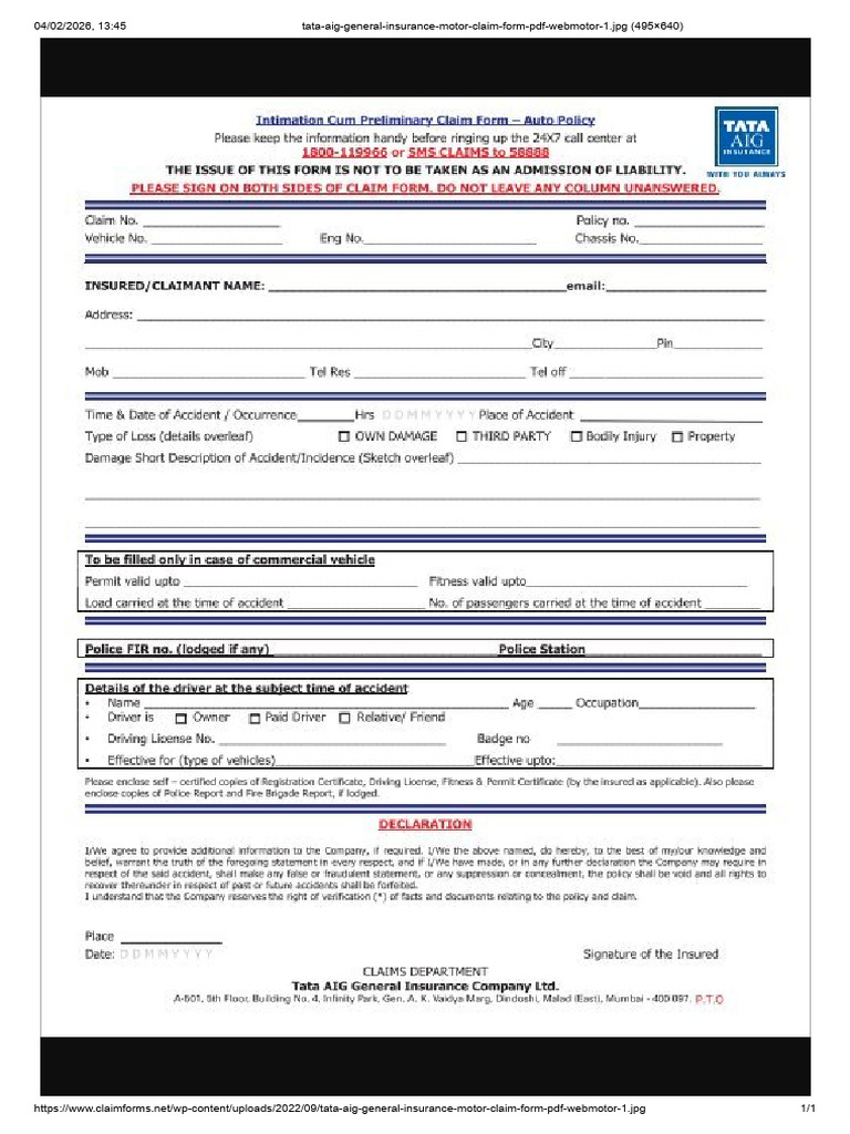 Tata Aig General Insurance Motor Claim Form PDF Webmotor 1 | PDF