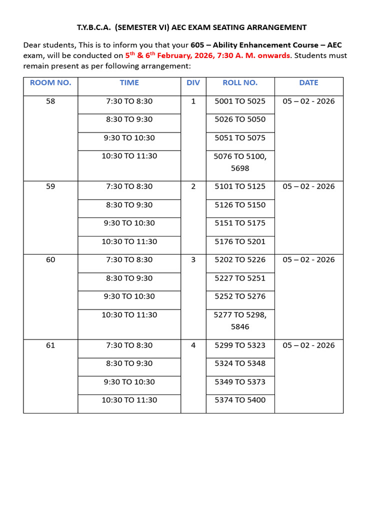 Aec Exam Seating Arrangement | PDF