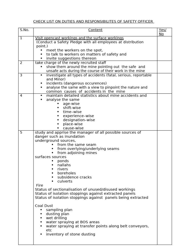 Check List on Duties and Responsibilites of Safety Officer | PDF | Coal ...