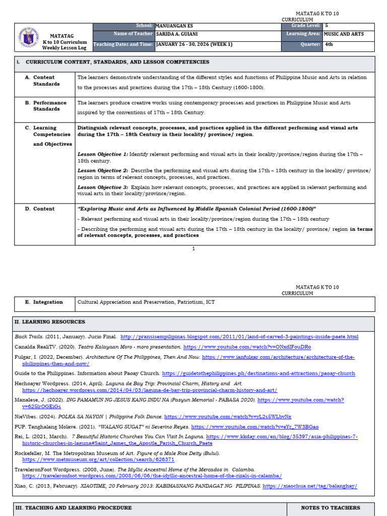 DTC - DLL Matatag - Music&arts 5 Q4 W1 | PDF | Dances | Curriculum