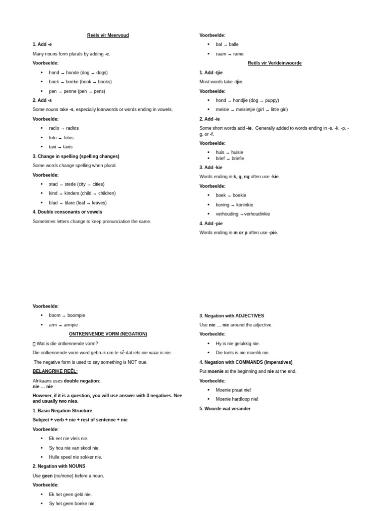 Grade 8 and 9 Afrikaans Meervoud Verklein Ontken Rules | PDF