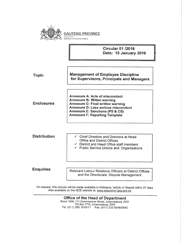 Circular 1 of 2016 - Management of Employee Discipline | PDF