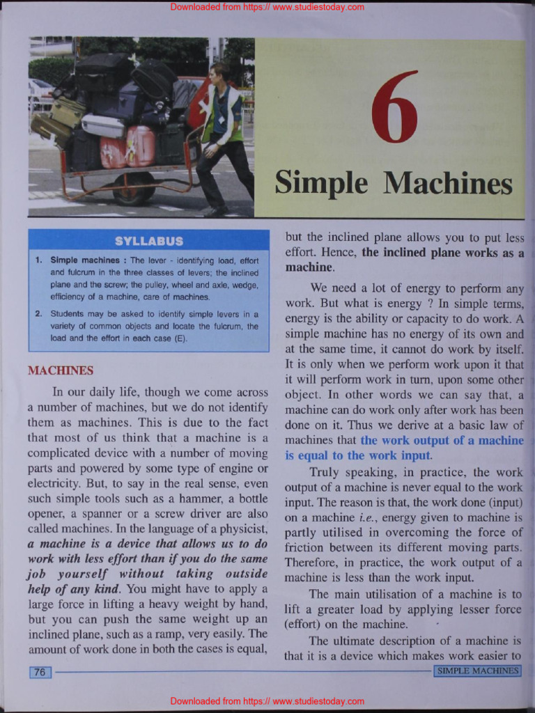 ICSE Class 6 Physics Chapter 6 Simple Machines | PDF