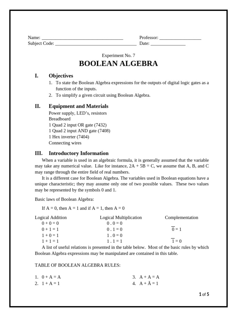 Est 2a Logic Circuit and Switching Circuits Lab Activity 7 Boolean ...