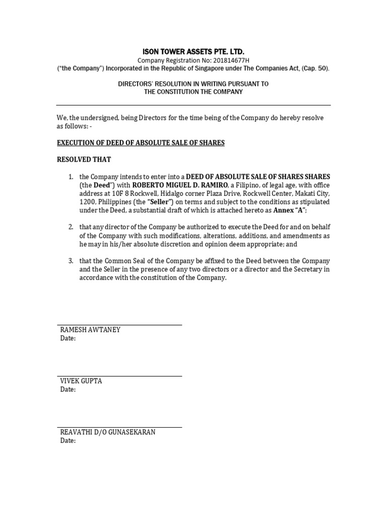 (Final) Board - Resolution - Deed of Absolute Sale of Shares (Annex A ...