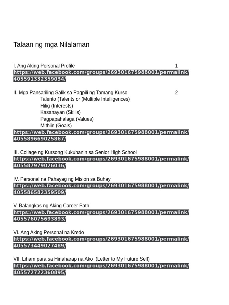 Talaan Ng Mga Nilalaman Fortpolio With Link to Examples | PDF