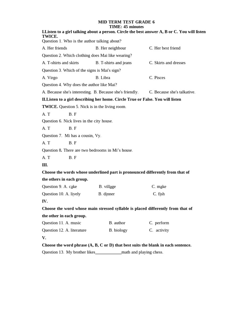 Mid Term Test Grade 6 2021-2022 | PDF