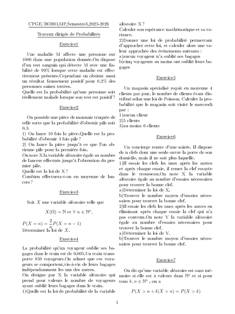 TD Proba Mpsi2 Cpge Bobo 25-26-011336 | PDF | Loi de Poisson ...