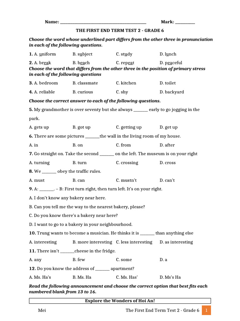 The First End Term Test 2 - Grade 6 | PDF