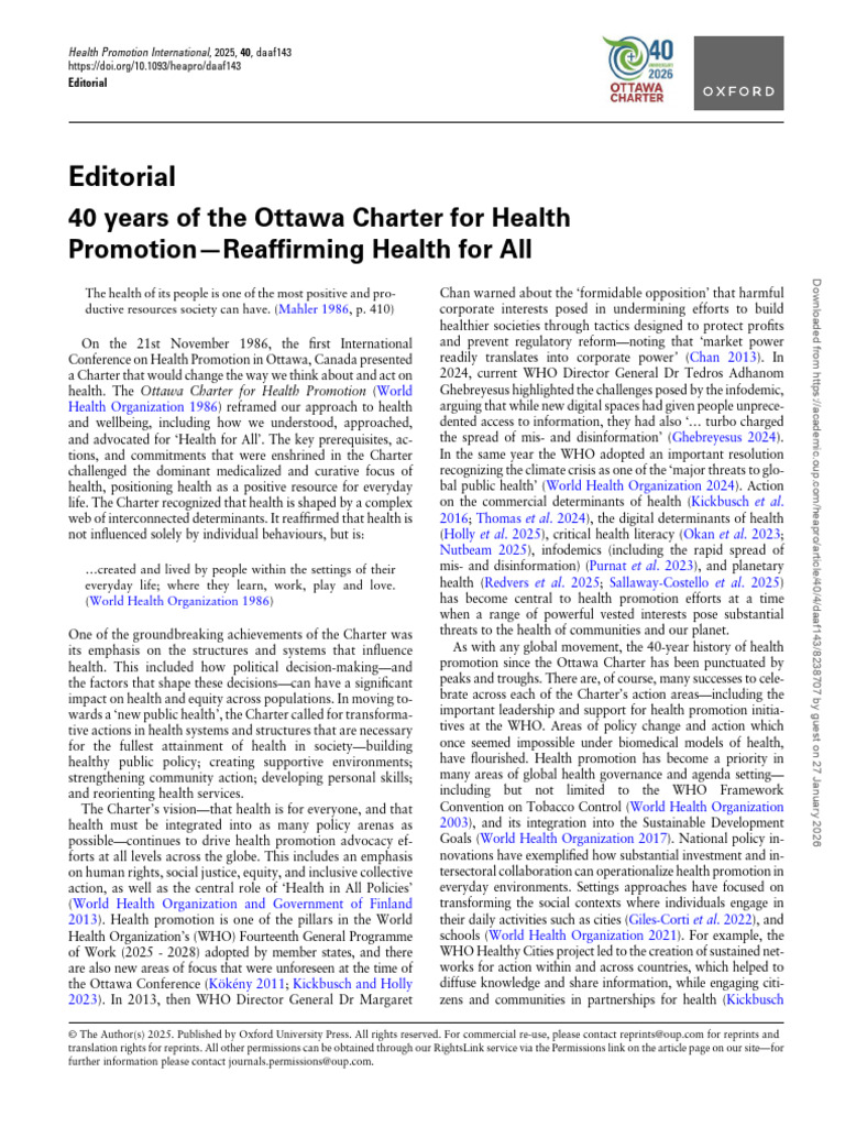 40 Years of The Ottawa Charter For Health Promotion Reaffirming Health ...