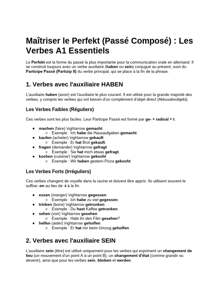 Maîtriser Le Perfekt (Passé Composé) - Les Verbes A1 Essentiels | PDF ...