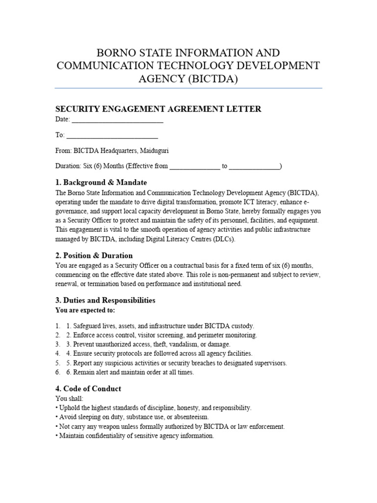 BICTDA Security Engagement Agreement | PDF | Justice | Crime & Violence