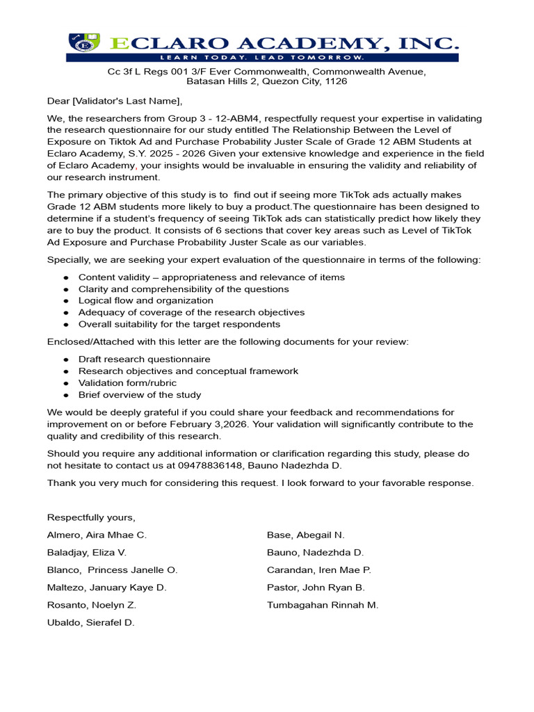 Request Letter For Research Instrument Validation | PDF | Questionnaire ...