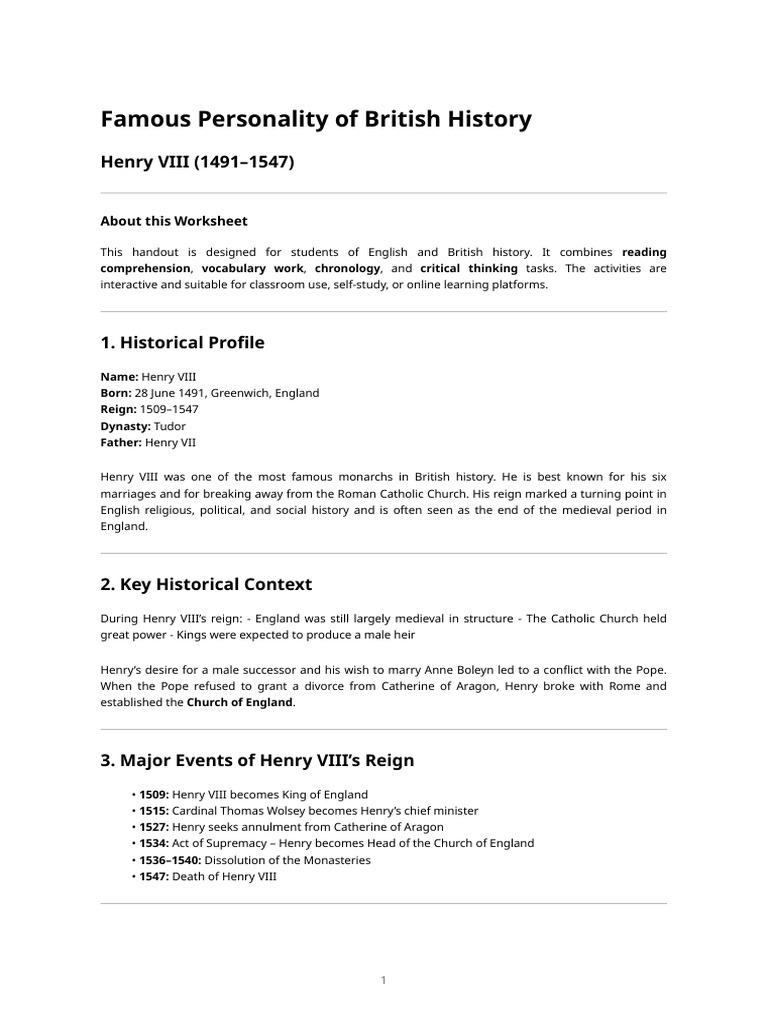 Famous Personality of British History - Henry Viii Worksheet | PDF
