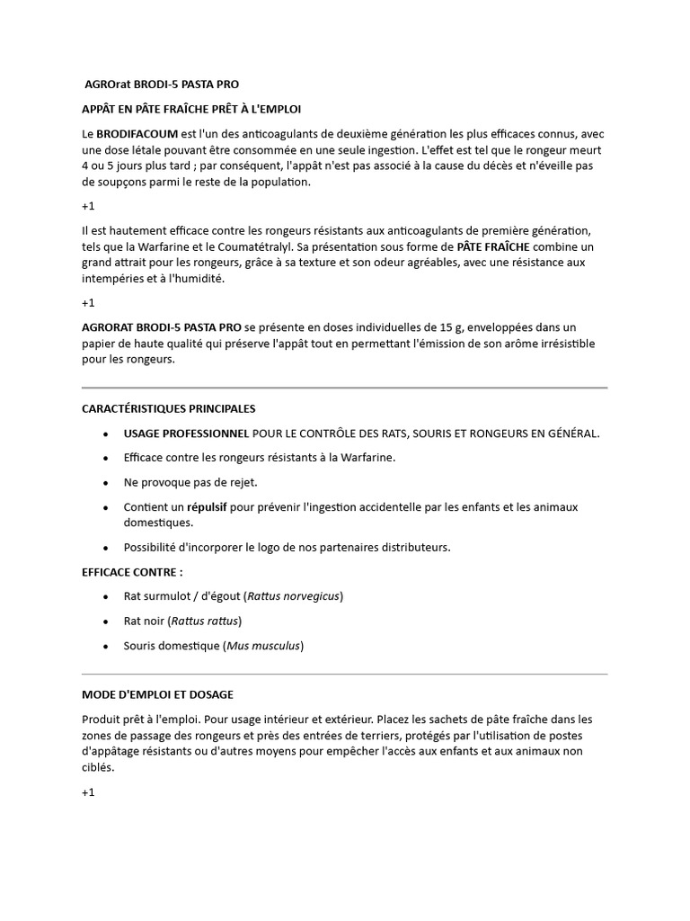 Fiche Technique Agrorat Brodi-5 Pasta Pro Agrochem - in FR | PDF ...