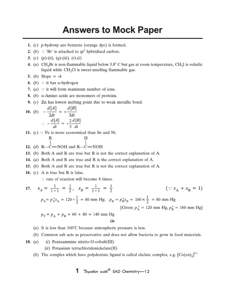Cbse Cl12 Ead Chemistry 2026 Edition Ans to Mock Paper | PDF