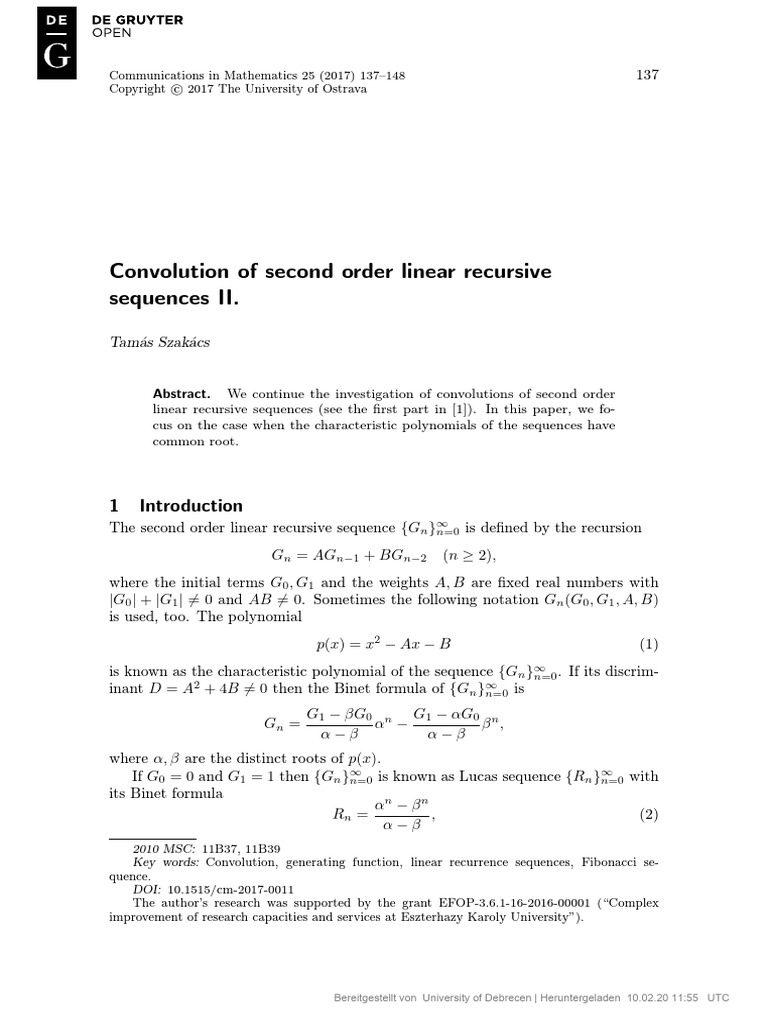 Convolution of Second Order Linear Recursive Sequences II. | PDF ...