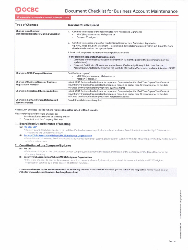 OCBC Request For Business Account Maintenance Form | PDF