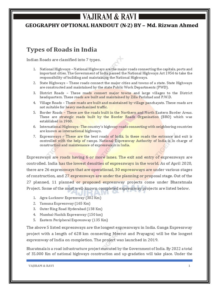 Types of Roads in India | PDF | Road Infrastructure | Road Transport