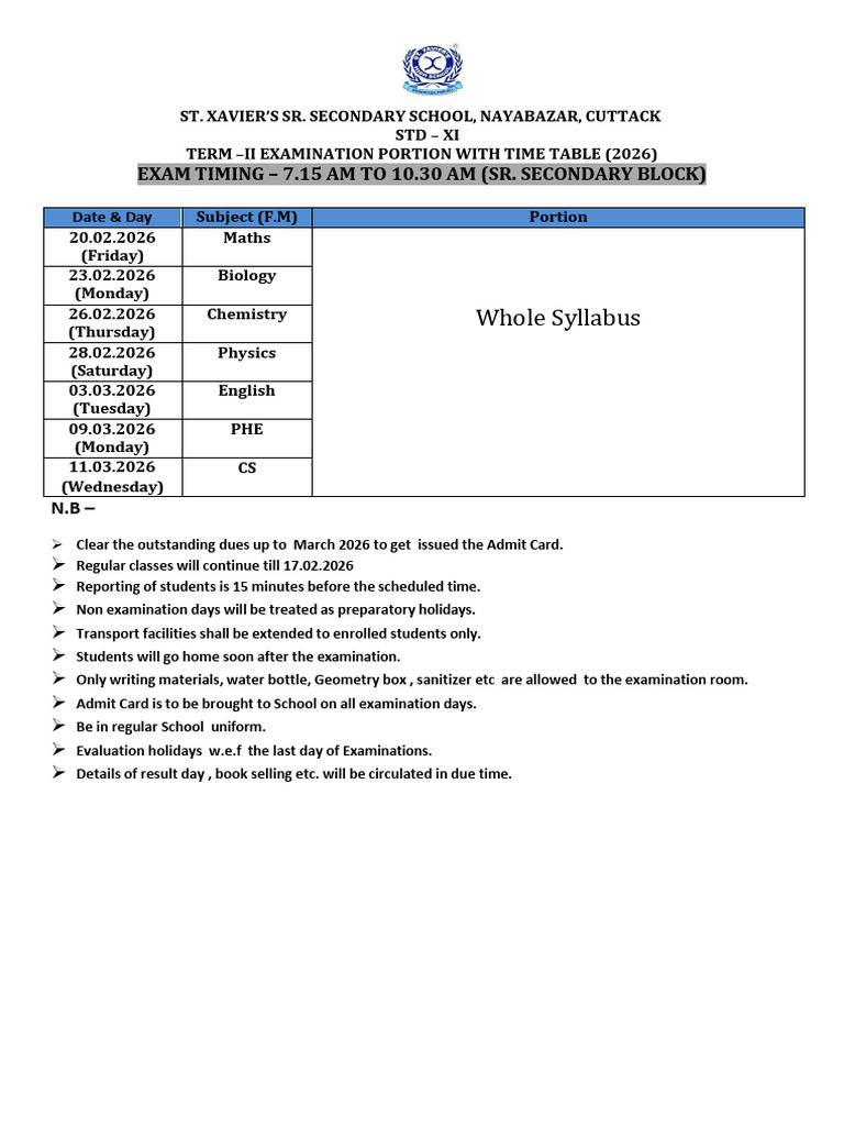 STD - XI Portion With Date Sheet | PDF