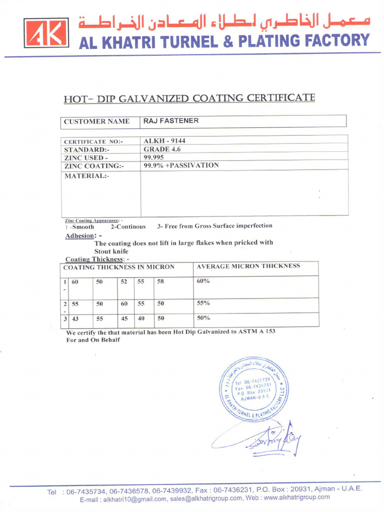 Hdg Fasteners Certificate | PDF