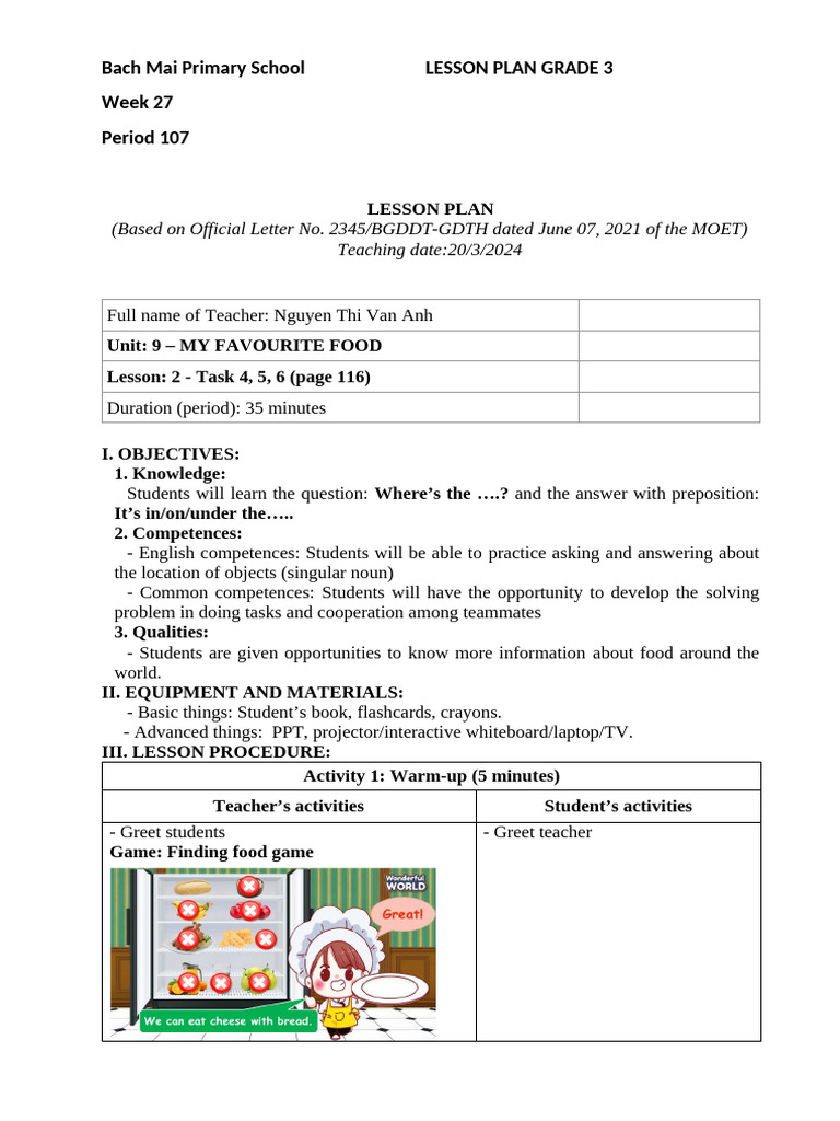 105.unit 9 - Lesson 2 - Period 2 - My Favourite Food | PDF | Lesson ...