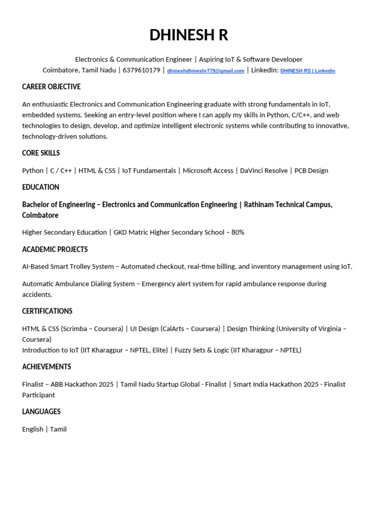 Dhinesh R One Page Resume | PDF