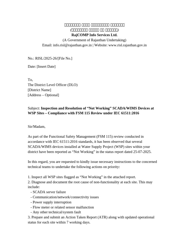 Risl Scada Wims Inspection Letter | PDF