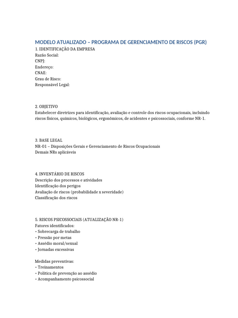 Modelo PGR Atualizado NR1 2026 | PDF
