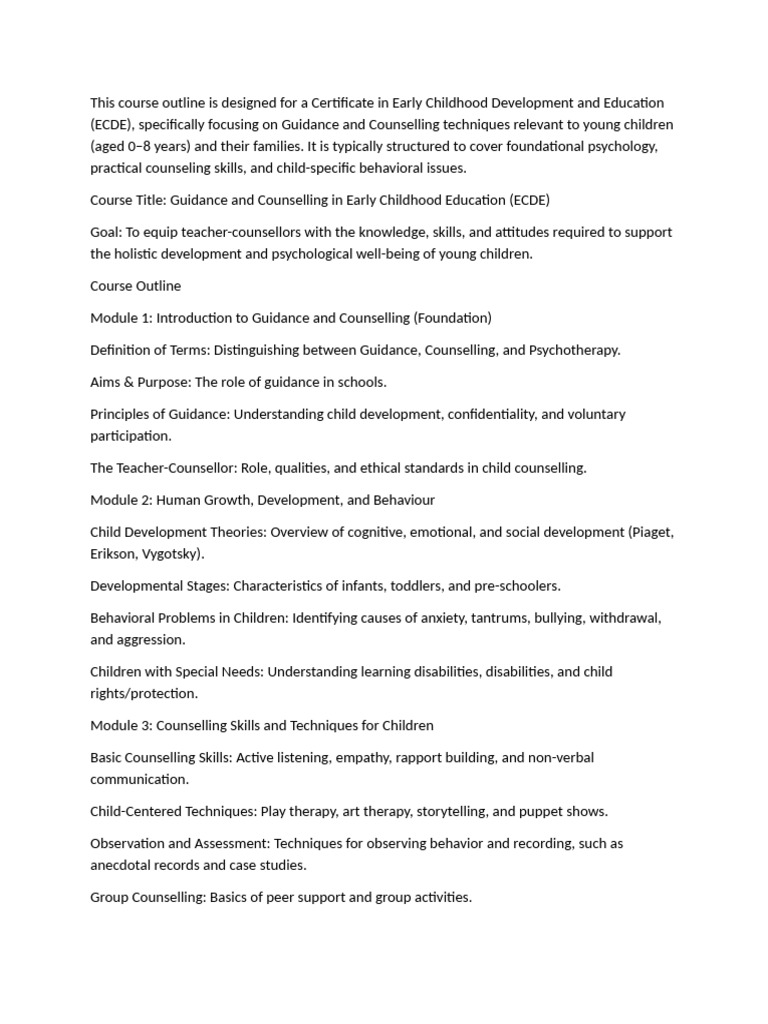 This Course Outline Is Designed For A Certificate in Early Childhood ...