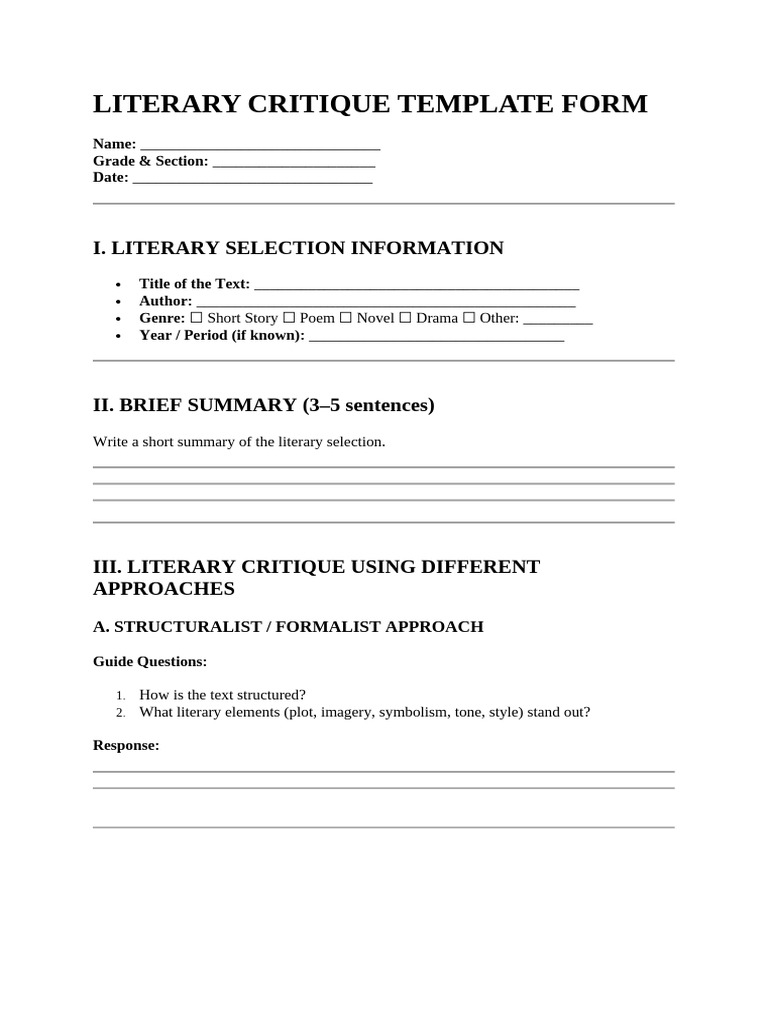 Literary Critique Template Form | PDF
